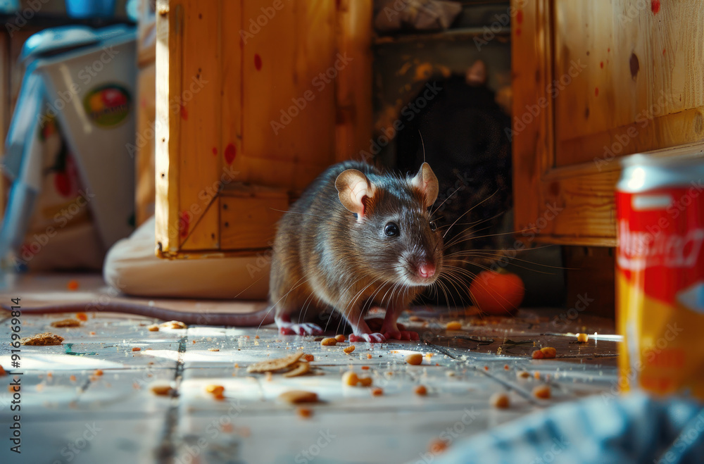 Close up of a rat inside a kitchen, surrounded by food and juice cans ...