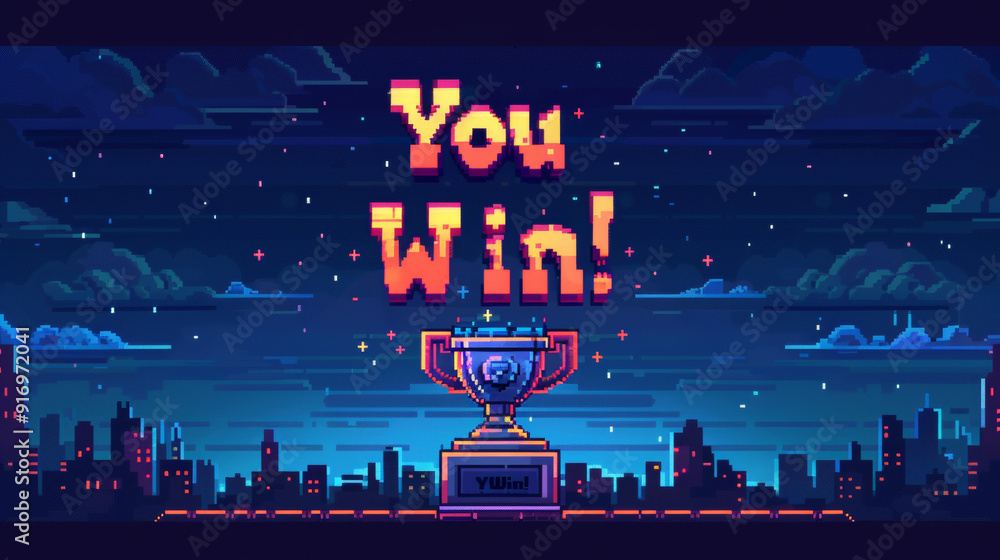 Pixel game background with a trophy and text. It's a mobile game with ...
