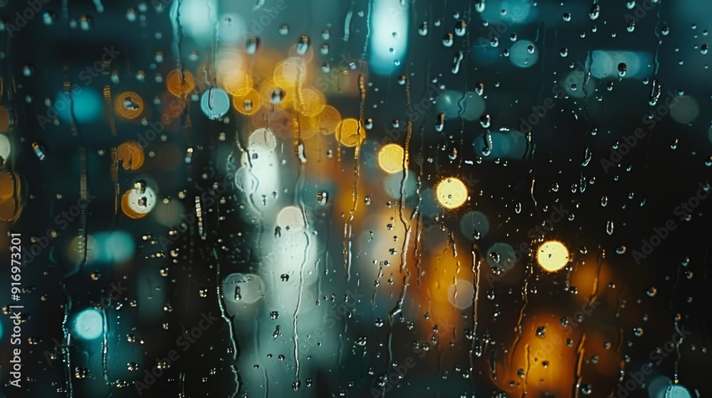 Rainy city view through a window at night. Raindrops on the window ...