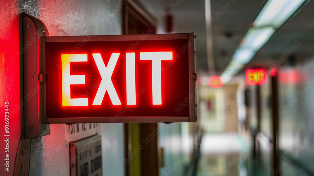 Red and white exit signs show where the emergency exit is. They are ...