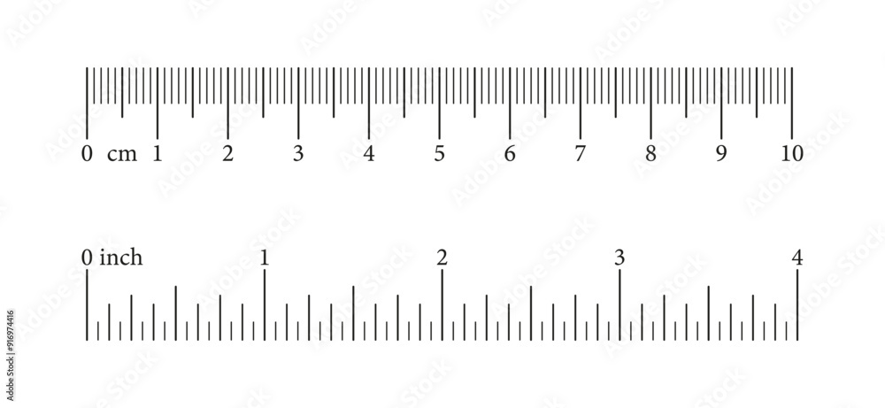 Measuring chart with 10 centimeters, 4 inches. Ruler scale with numbers ...