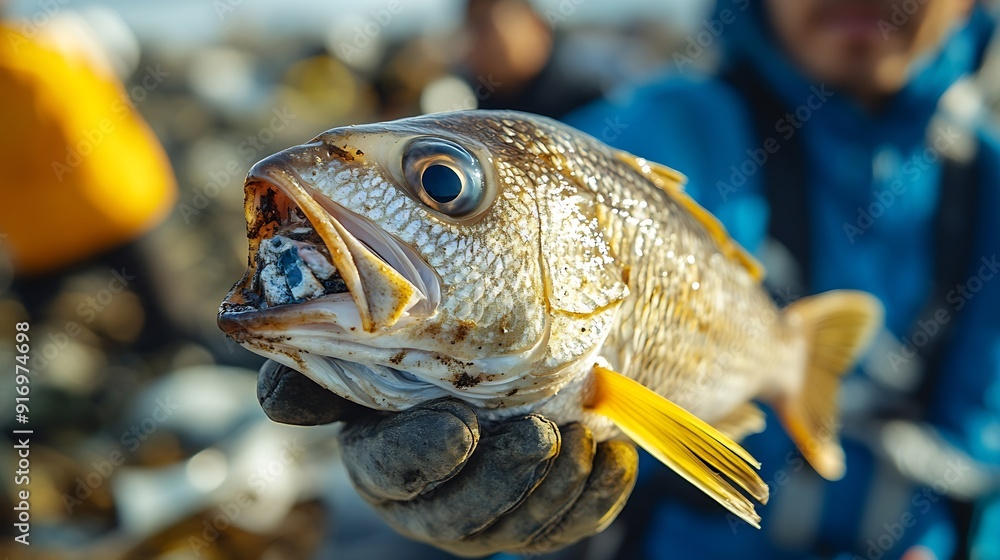Foto de volunteer campaign manager holding dead fish with trash in ...