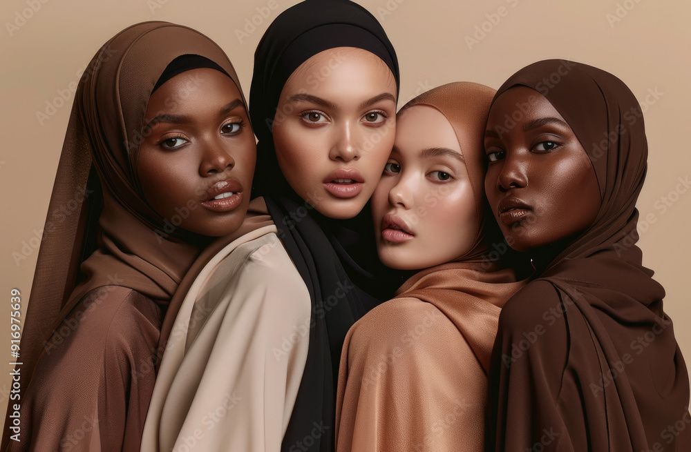 models of different ethnicities wearing hijabs in various colors, each ...