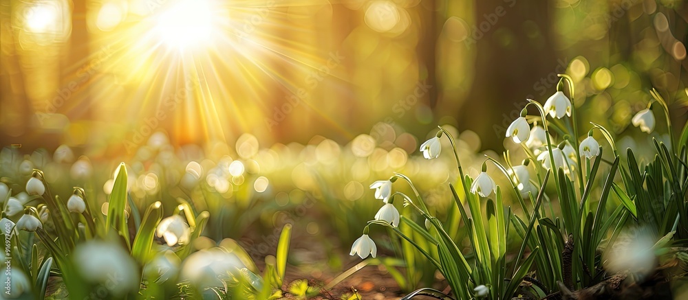 Sunny springtime scenery in the forest glade showcases white Leucojum ...