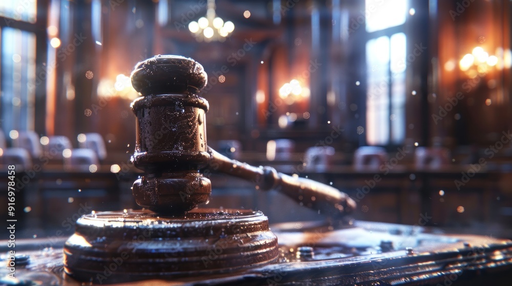 A judge's gavel in a courtroom. The scene is dramatic with focused ...
