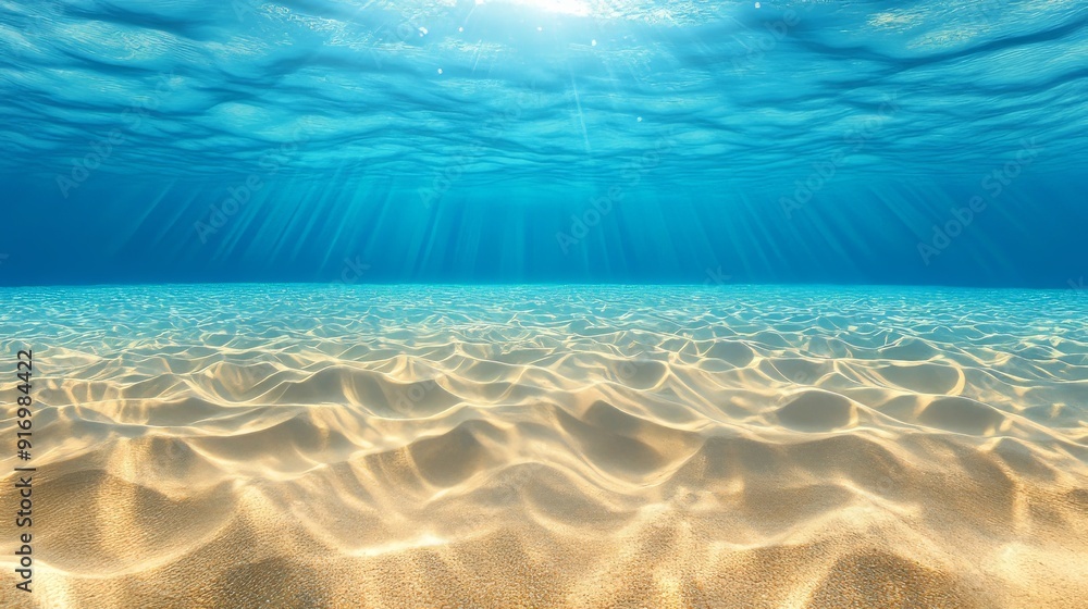 Seabed sand with blue tropical ocean above on an empty underwater ...