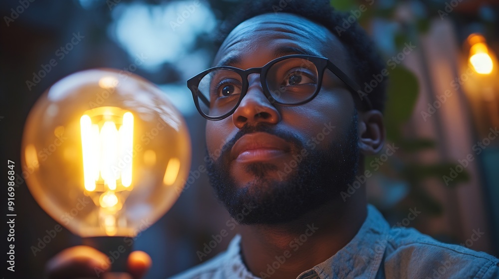 African American male replacing LED lamp at home Black Man changing ...