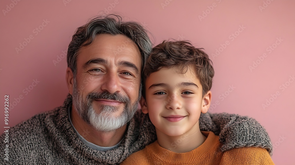 happy father hugging shoulder of positive teenage son isolated on grey ...