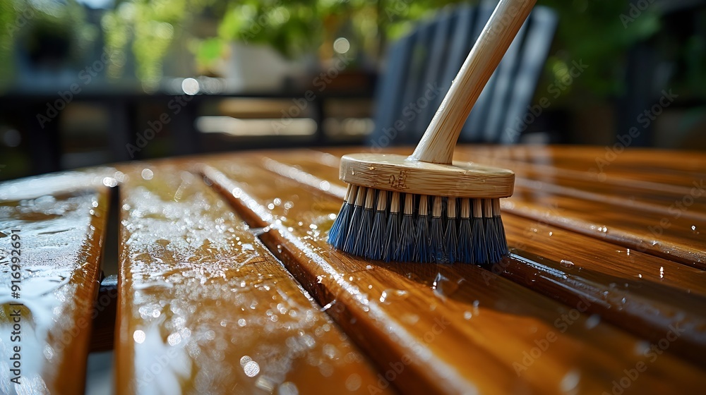 Cleaning patio furniture by hand with brush Spring cleaning household ...