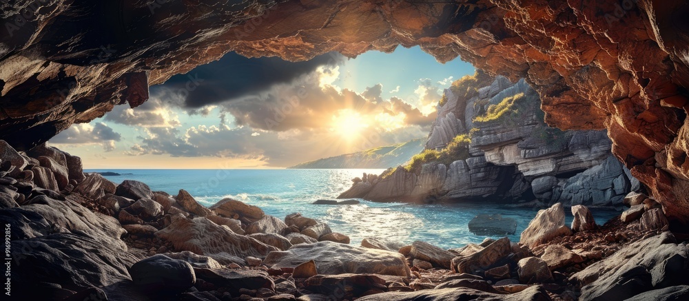 Rock cave with a rugged exterior framing a serene interior offering a ...