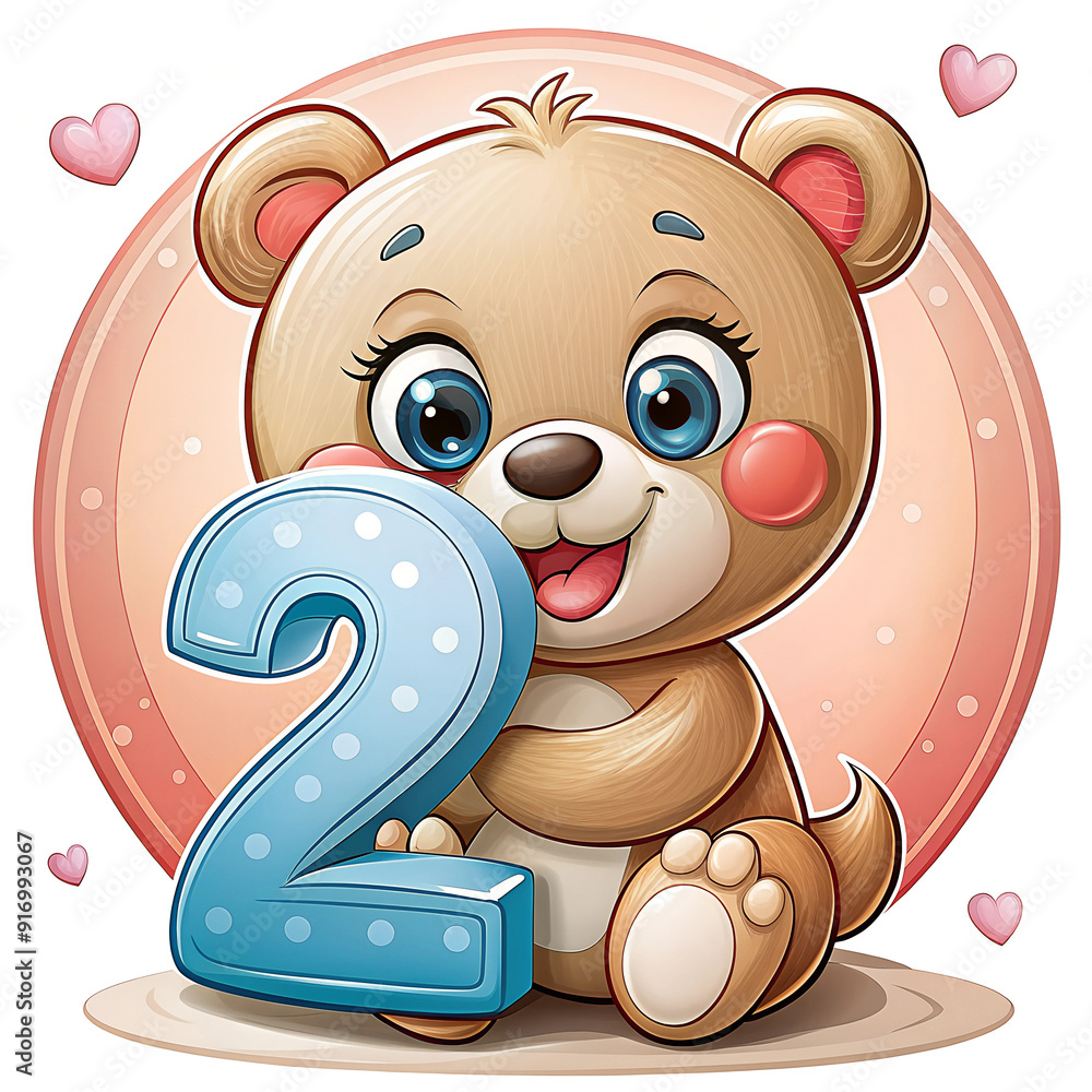 Drawing of cute little bear with big eyes sitting and hugging number ...