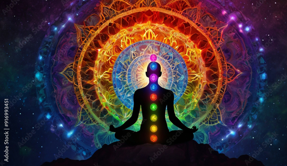 Person in a yoga pose, seven glowing chakras aligned on their body ...