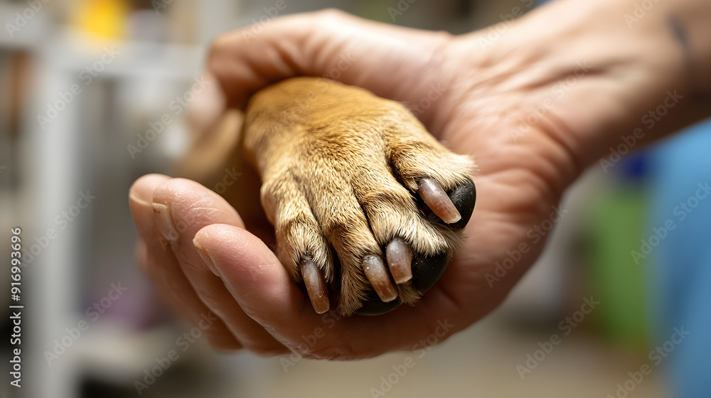 veterinarian’s hand carefully examining a dog's paw, with the dog's ...