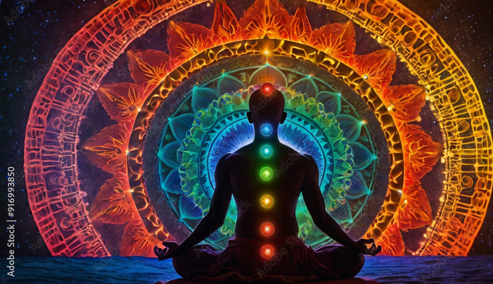 Person in a yoga pose, seven glowing chakras aligned on their body ...