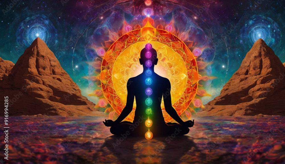 Person in a yoga pose, seven glowing chakras aligned on their body ...