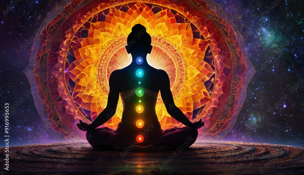 Person in a yoga pose, seven glowing chakras aligned on their body ...
