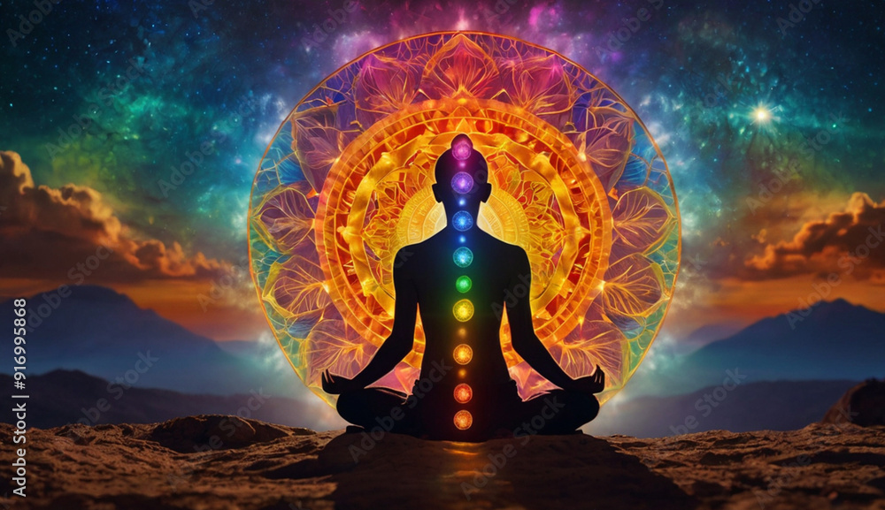 Person in a yoga pose, seven glowing chakras aligned on their body ...