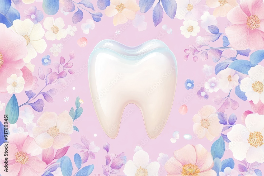 Tooth illustration for creative projects, isolated on pastel floral ...
