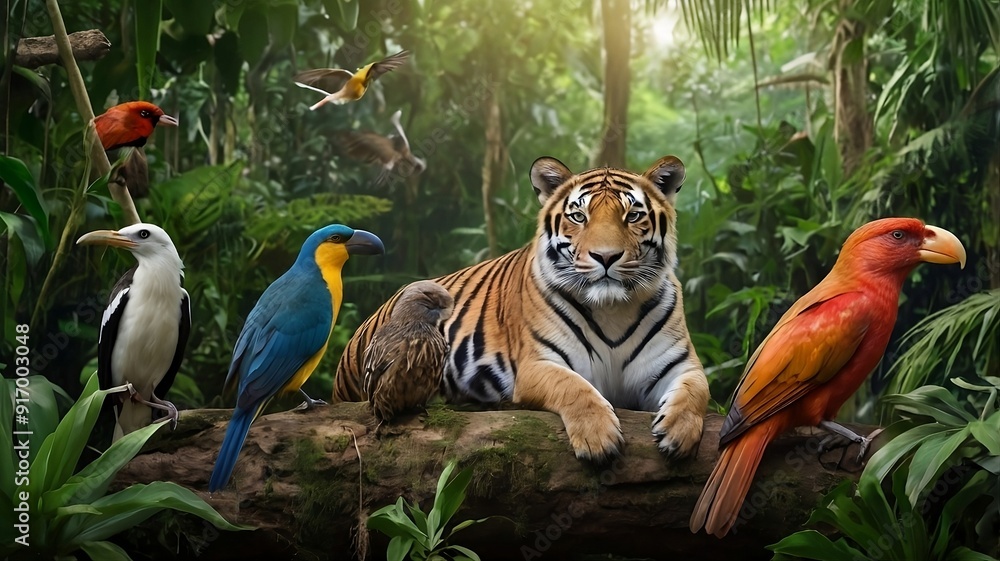 A diverse group of wild animals and birds in the jungle, including ...