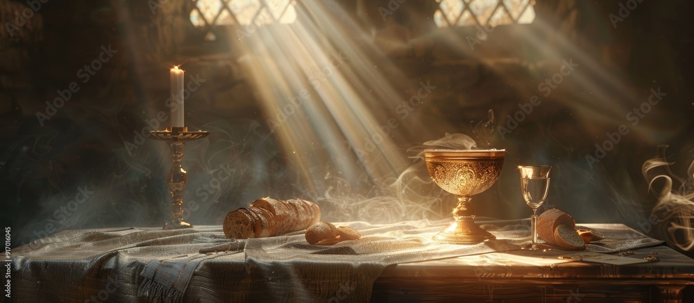 The sacrament of Eucharist with Holy Grail bread wine and Corpus ...