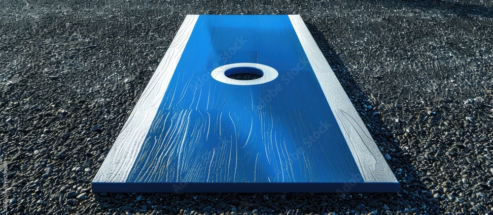 Cornhole game setup in blue and white colors placed on a black tar ...