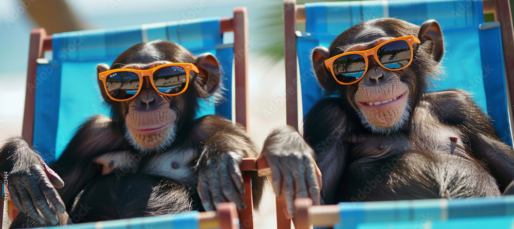 Two smiling monkeys in sunglasses sunbathing on beach chairs Stock ...