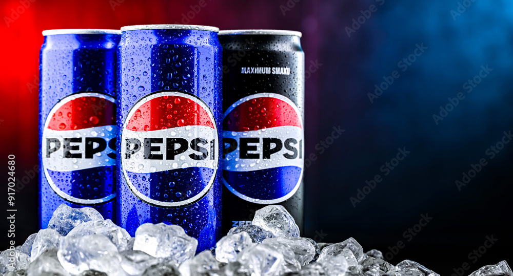 Cans of Pepsi, soft drink produced and manufactured by PepsiCo Stock ...