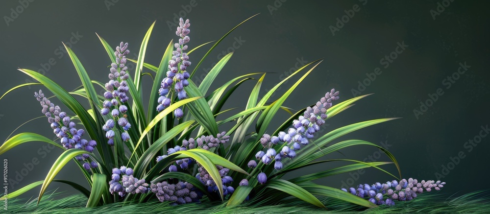 Liriope muscari is a low herbaceous plant with grass like leaves and ...
