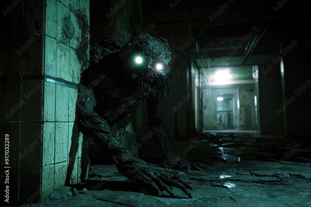 A terrifying grotesque creature with glowing eyes emerges from the ...