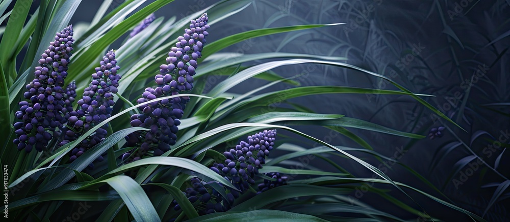 Liriope muscari is a low herbaceous plant with grass like leaves and ...