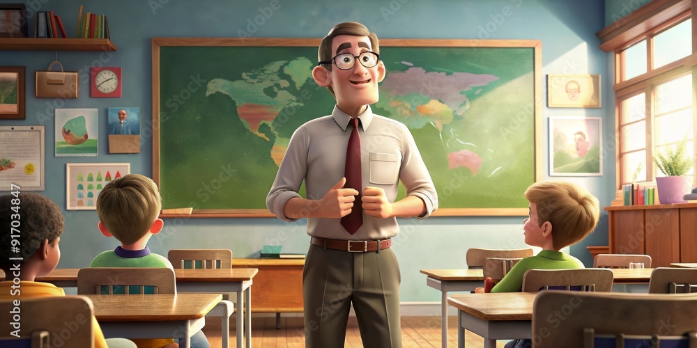 An Animated Teacher is delivering a lesson in a Classroom filled with ...