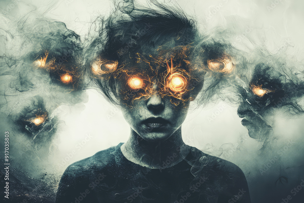 A chilling figure with glowing eyes stares as spectral faces emerge ...