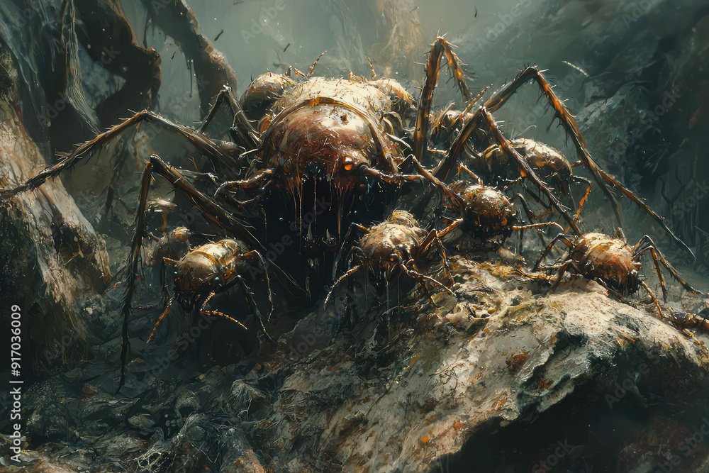 Terrifying horde of monstrous insects crawling over decaying terrain ...