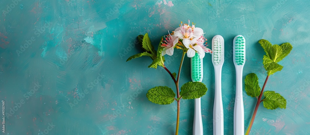 Pastel toothbrushes with pink flowers and mint herb against a green ...