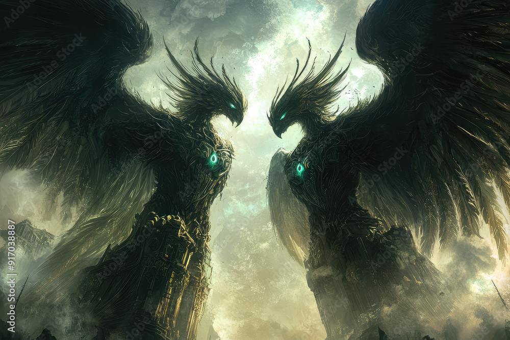 Majestic, mythical winged guardians stand vigilant at the celestial ...