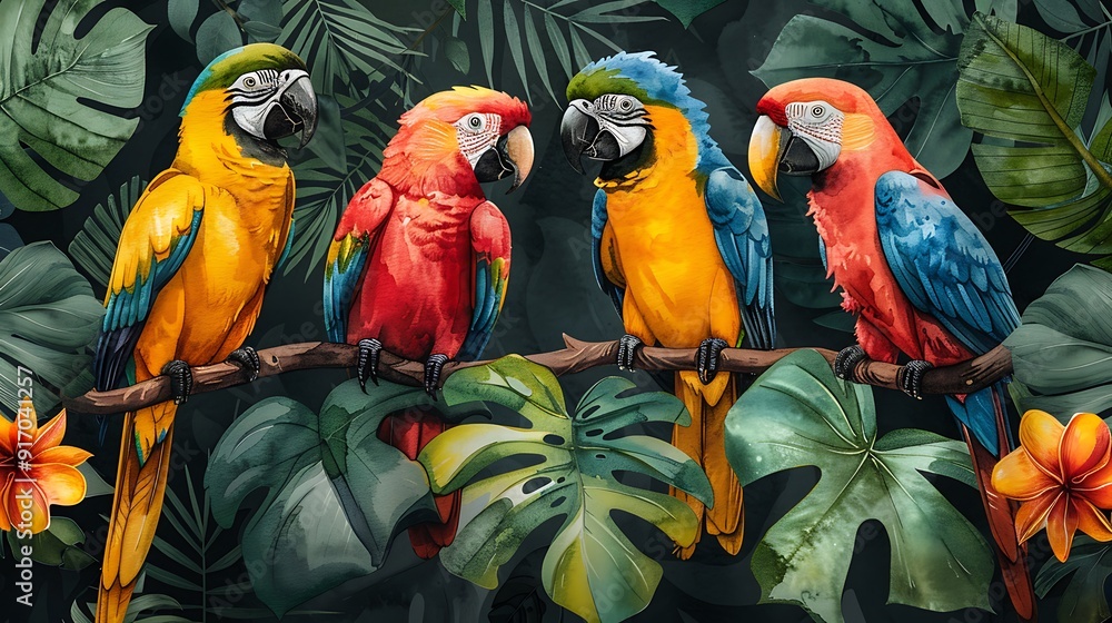 A watercolor pattern depicting rainforest animals, featuring parrots ...