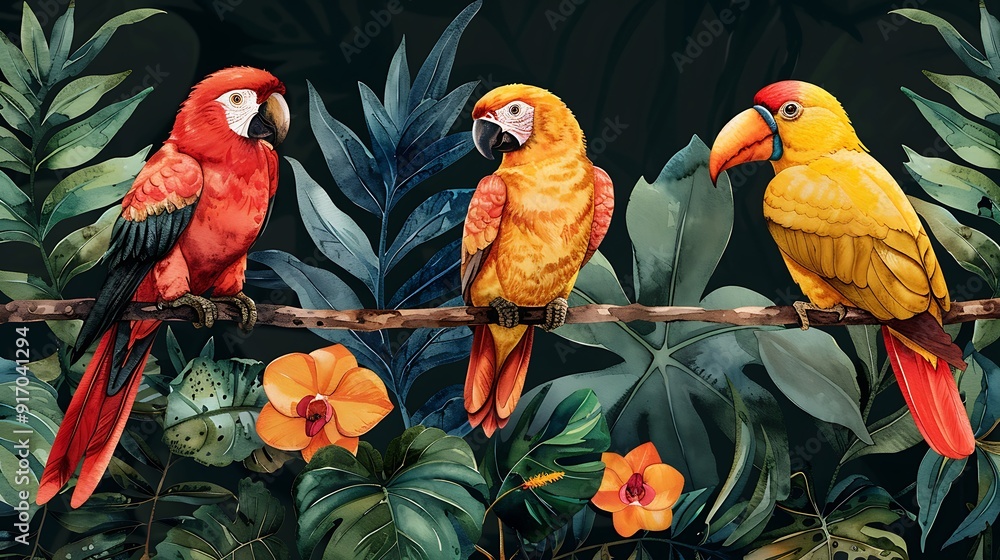 A watercolor pattern depicting rainforest animals, featuring parrots ...