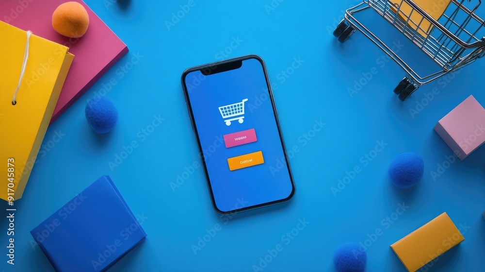 Smartphone displaying an online shopping app on a bright blue ...