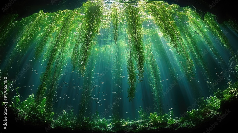 Underwater forest of tall kelp swaying with the ocean currents ...