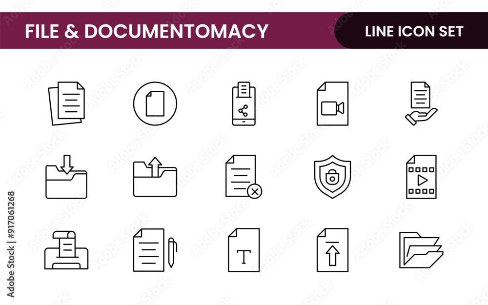 Document outline icons. Document icon set. Set of outline icons related to document, files ...
