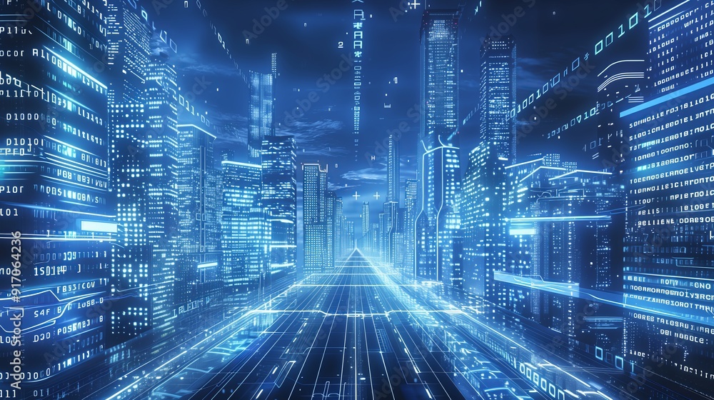 Futuristic cityscape transforming from analog to digital, with binary ...