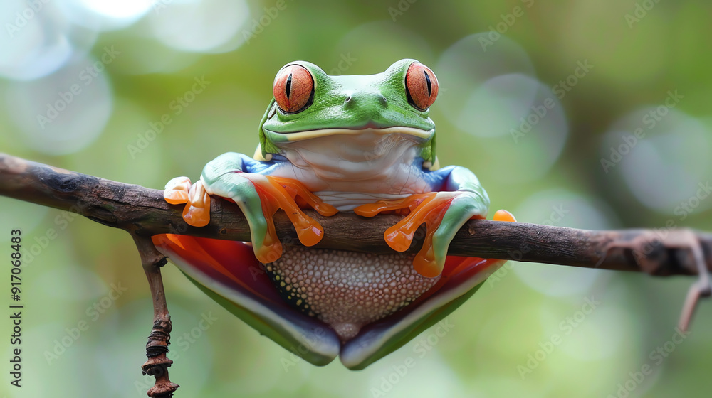 The image shows a green tree frog with bright orange eyes, sitting on a ...
