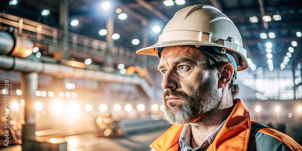 Focused Industrial Worker in Heavy Industry Setting. A close-up ...