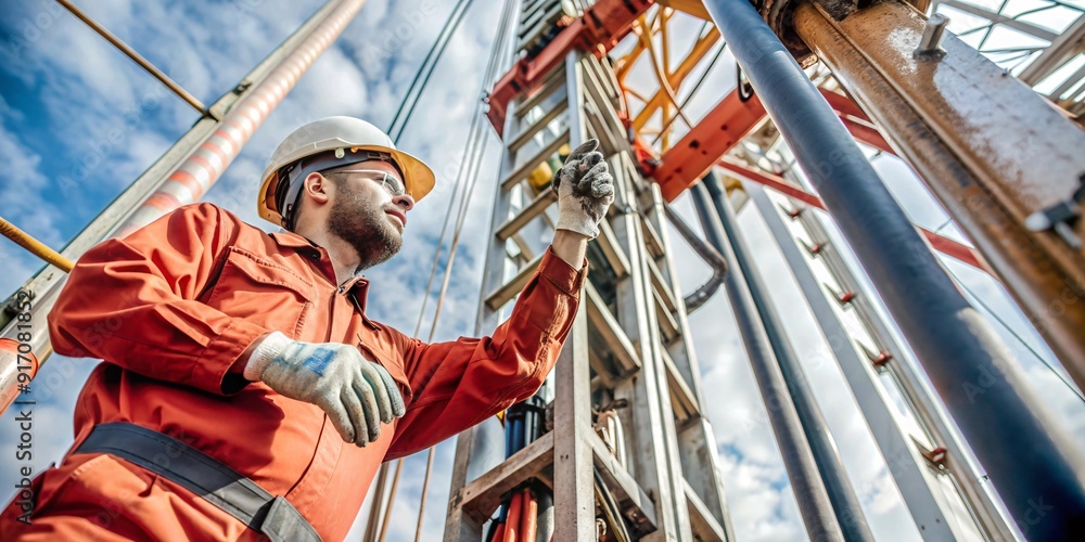 Focused Engineer Operating a Crane on an Oil Rig. A diligent engineer ...