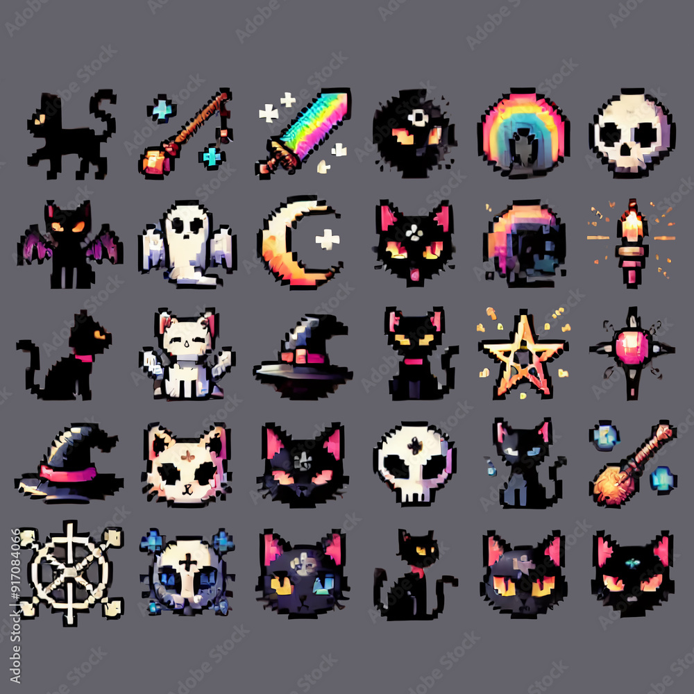 Black Cat Themed Pixel Art Icons for RPG Sprite Sheet Stock ...