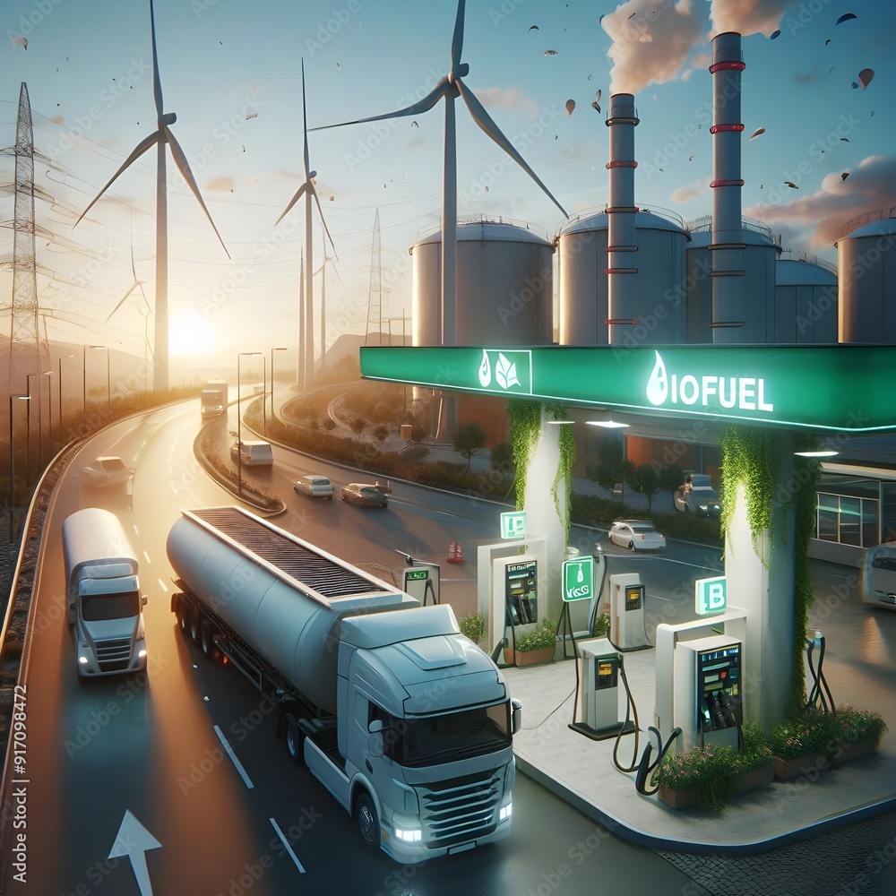 Generative AI A gas station filled with trucks and cars driving by ...