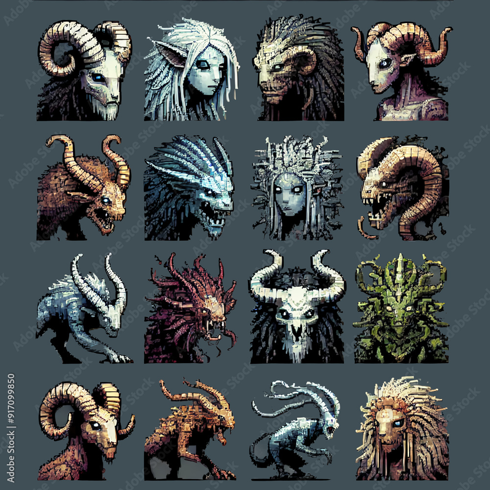Detailed pixel art sprite sheet of RPG icons with Tulgarl theme Stock ...