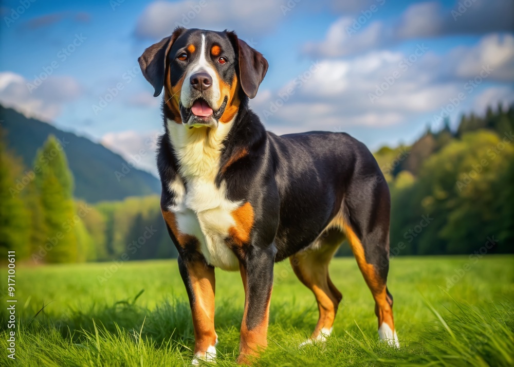 Majestic Greater Swiss Mountain Dog stands alone in a lush green meadow ...