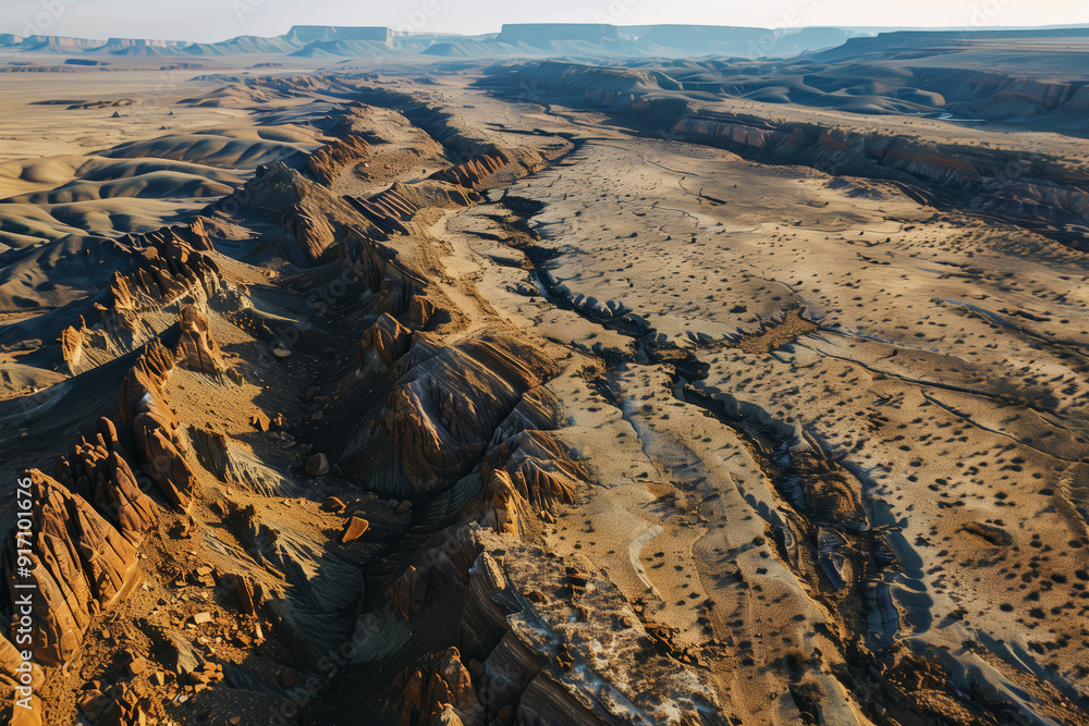 Aerial view of a massive tectonic fault line cutting through a barren ...