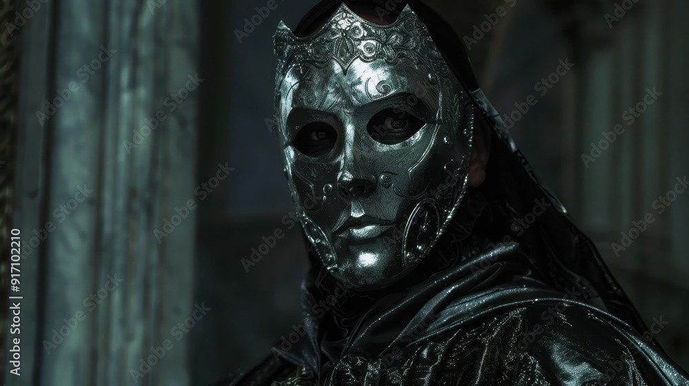 Person wearing a detailed metallic mask and a dark cloak. The mask is ...
